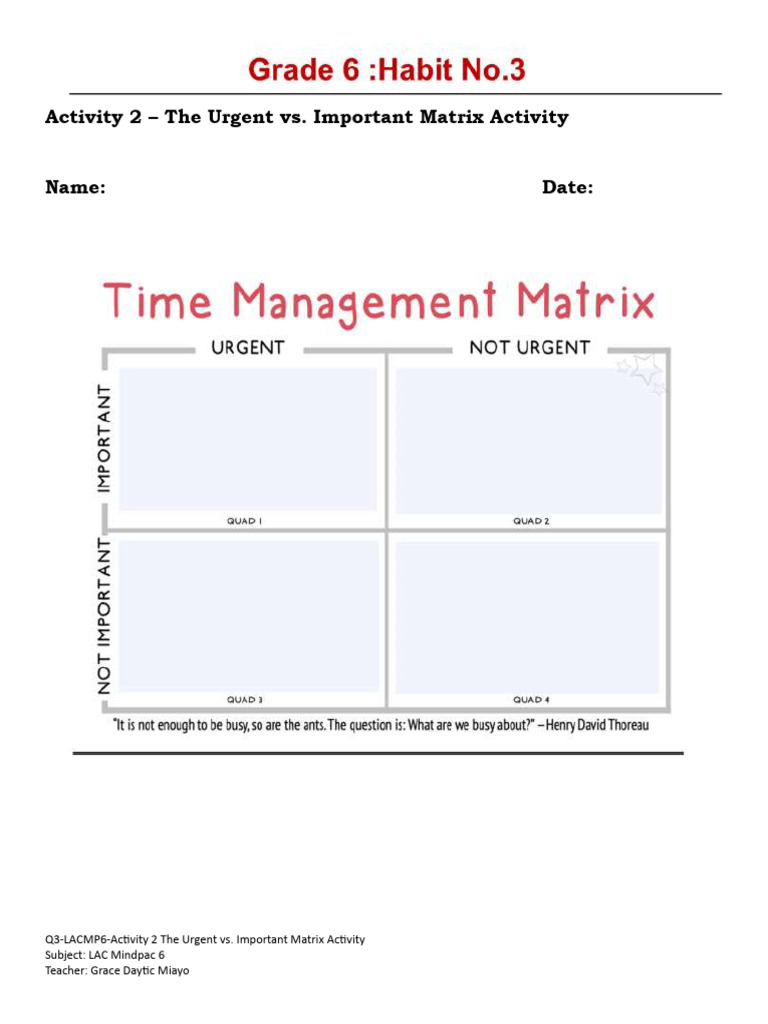 G6-Habit 3-Activity 2-The Urgent Vs Important Matrix Activity | PDF