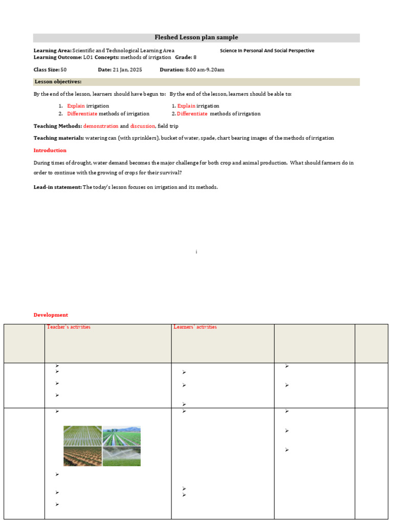 Fleshed Lesson Plan Sample - 2024 | PDF | Irrigation | Lesson Plan