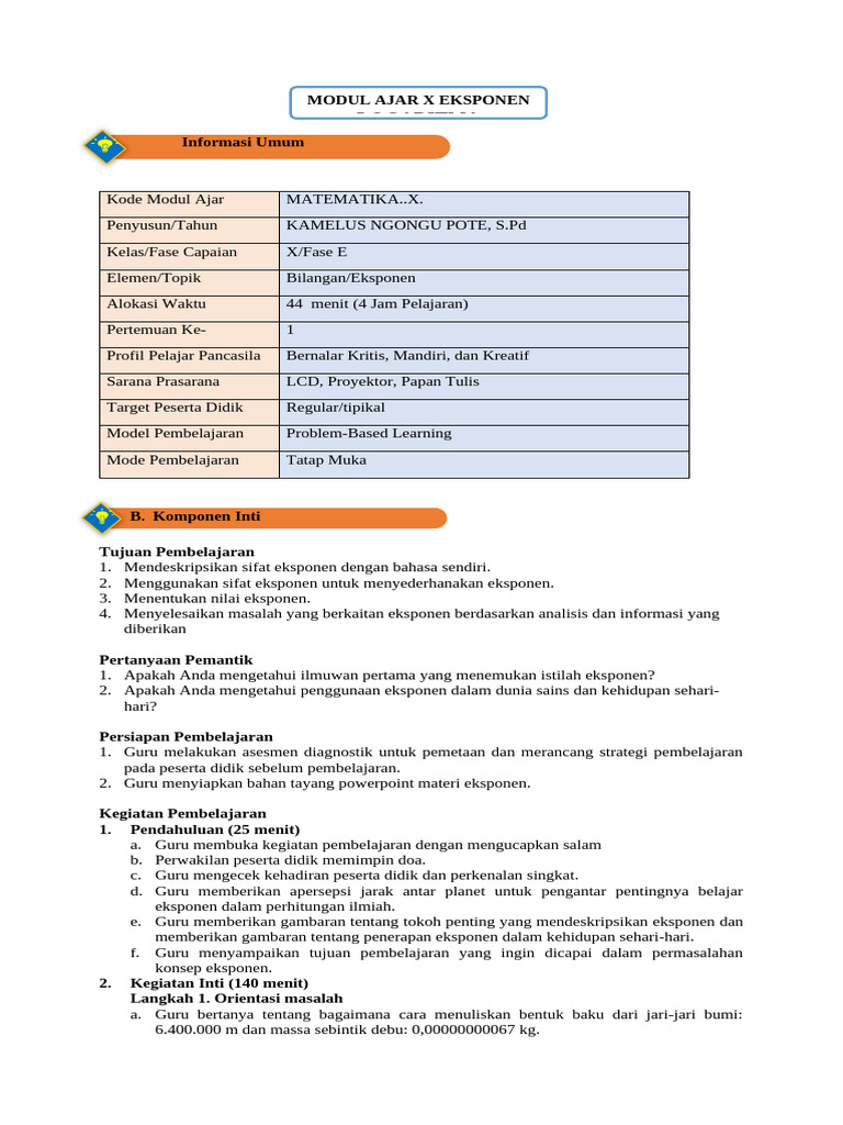 Modul Ajar Eksponen, Bentuk Akar Dan Logaritma | PDF