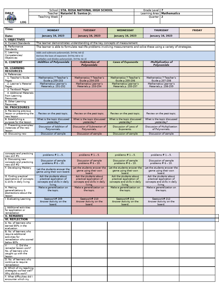 JHS Daily Lesson Log SY 2022 2023 Math7 2ndweek7 | PDF | Learning ...