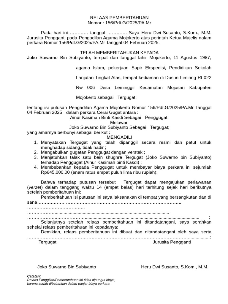 Relaas Pemberitahuan Putusan Verstek 156 PDT G 2025 PA MR | PDF