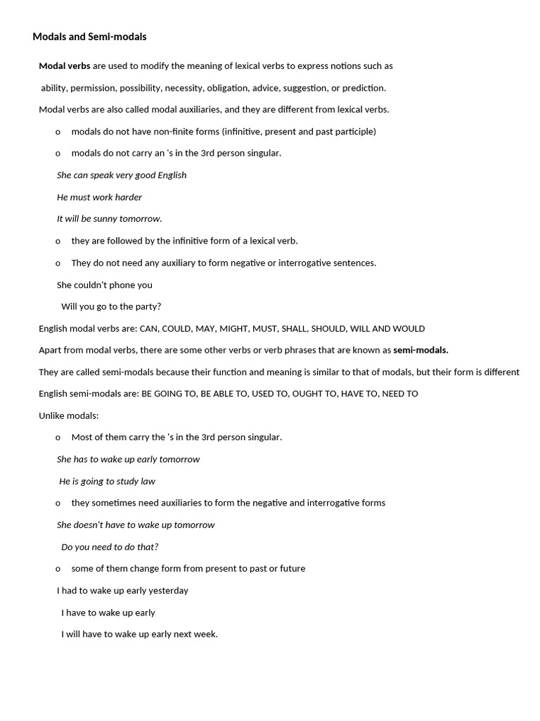 Modals & Semi-Modals Explained | PDF