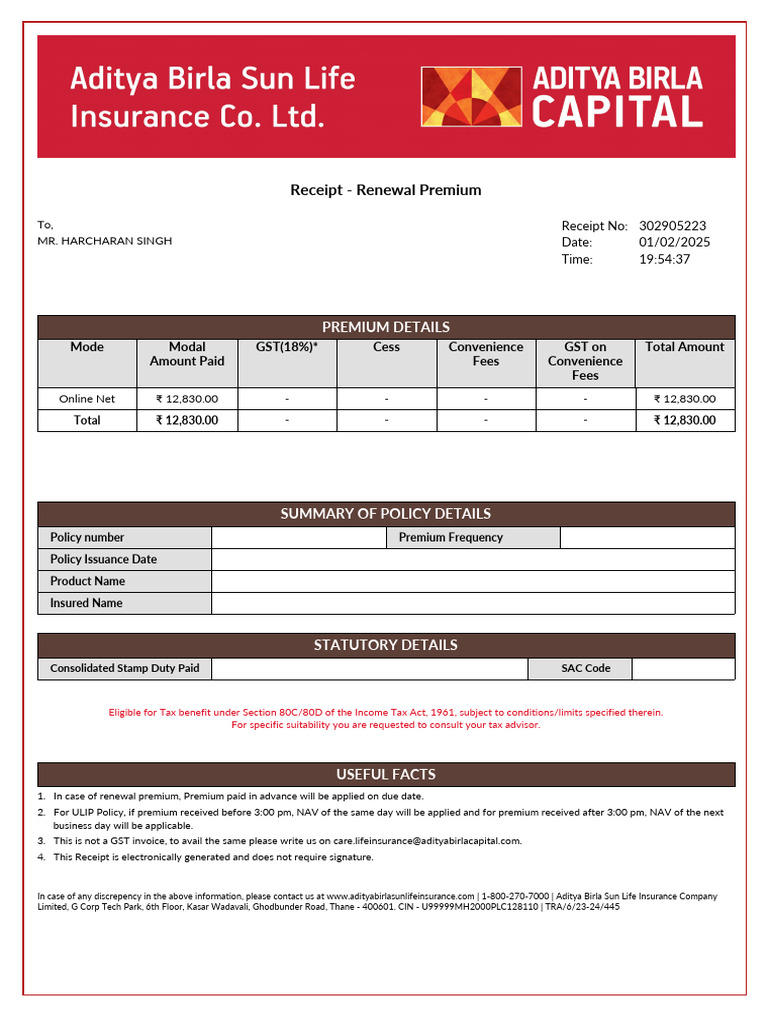 Premium Receipts 002570133 - 01 04 2024 04 02 2025 | PDF | Taxation ...