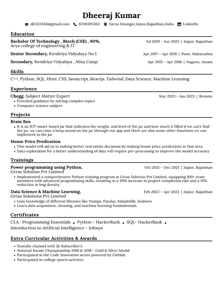Dheeraj Kumar Resume NEW | PDF | Machine Learning | Computing