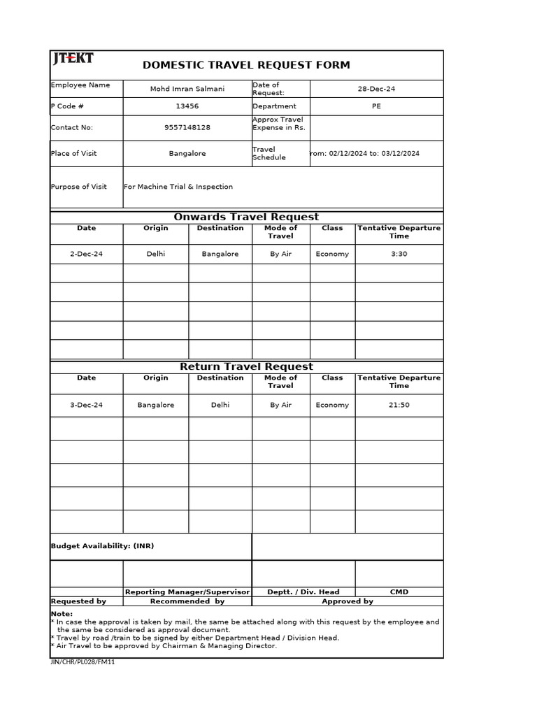 Bangalore Machine Trial Travel Form | PDF