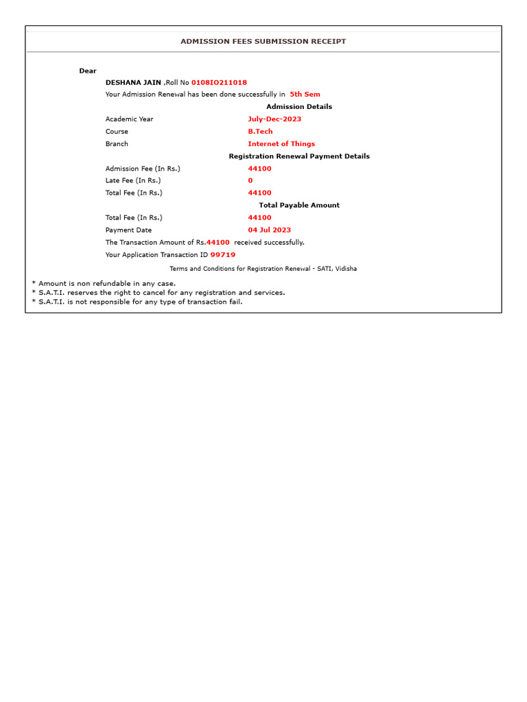 Fee Receipt 5th Sem | PDF