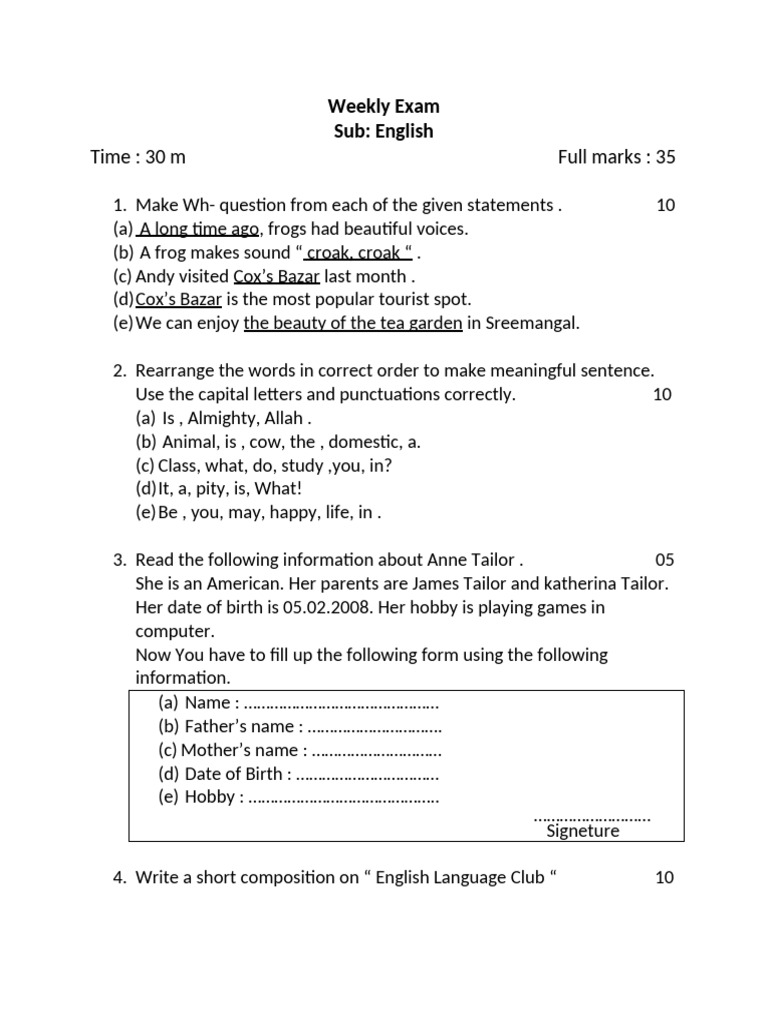 Class - 4 Eng Exam | PDF