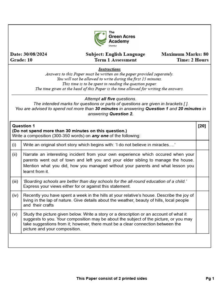 Grade 10 - English Langauge - Term 1 ANSWER KEY (2024-25) | PDF | Fencing