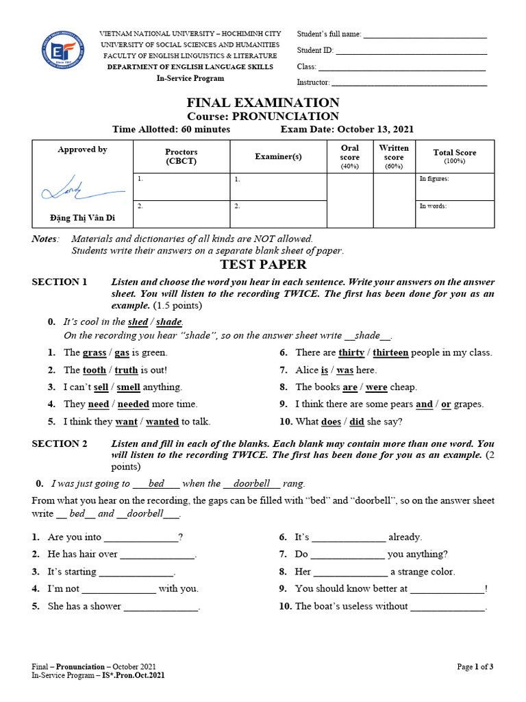 Final Pronunciation Exam October 2021 | PDF | Linguistics | Human ...