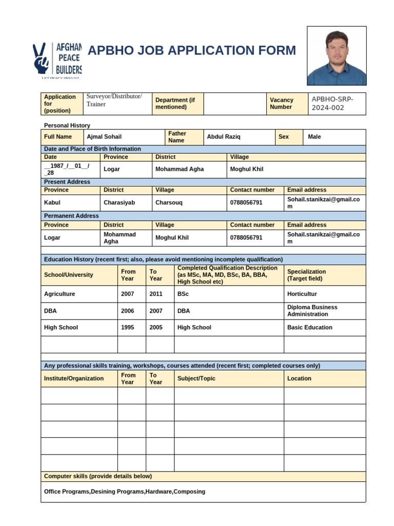 APBHO Job Application: Ajmal Sohail | PDF