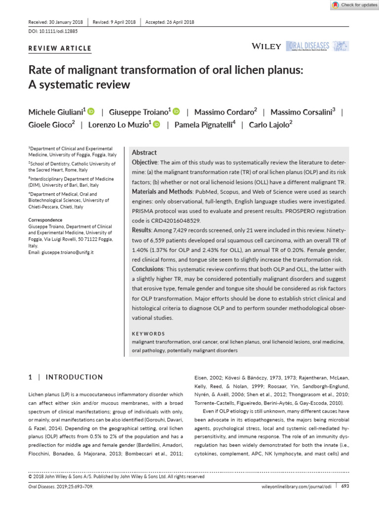 Oral Diseases - 2018 - Giuliani - Rate of Malignant Transformation of Oral Lichen Planus A ...