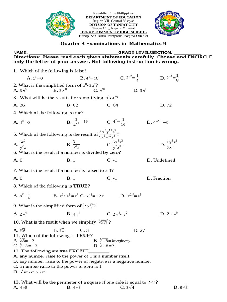 G9 - Q3 - Periodical Test | PDF | Area | Exponentiation