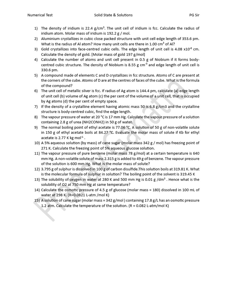 Solid State & Solution Calculations | PDF | Crystal Structure | Density