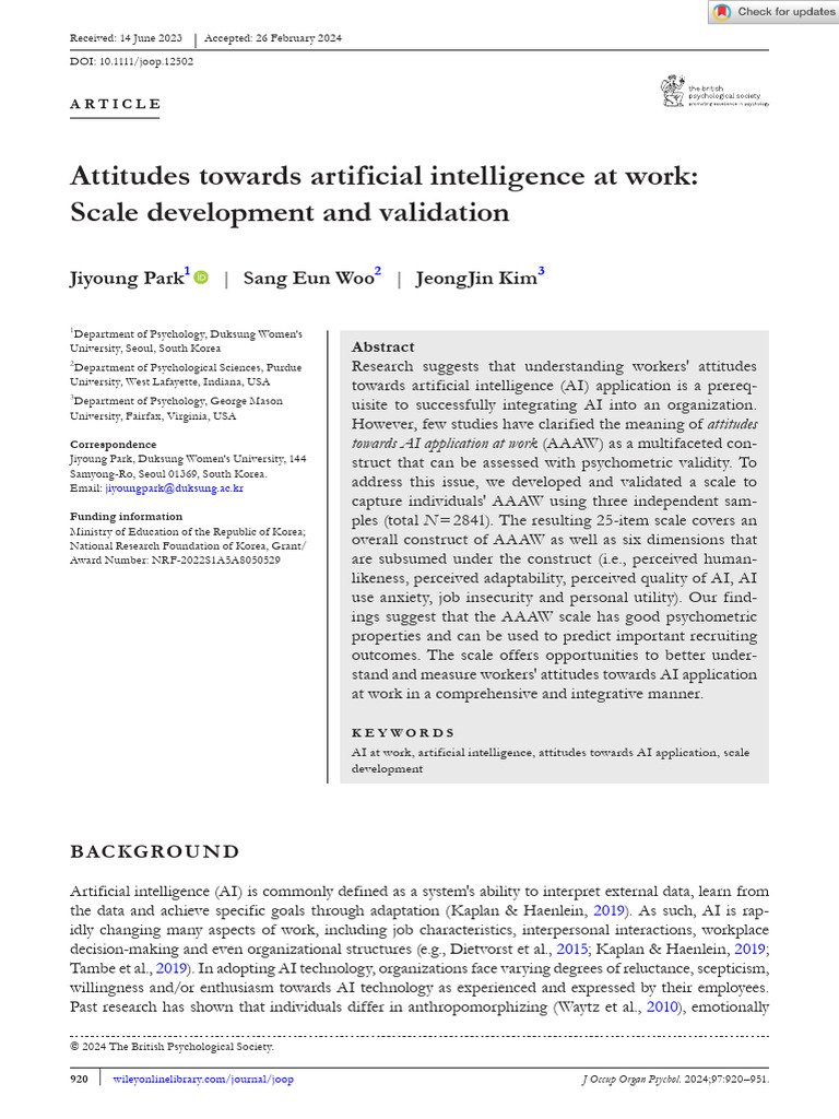 J Occupat Organ Psyc - 2024 - Park - Attitudes Towards Artificial Intelligence at Work Scale ...