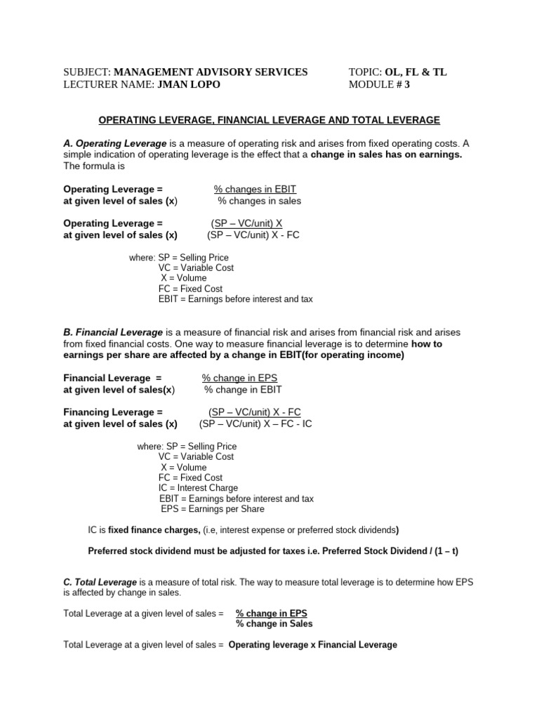 Module 4 Operating Leverage Financial Leverage and Total Leverage | PDF | Capital Structure ...