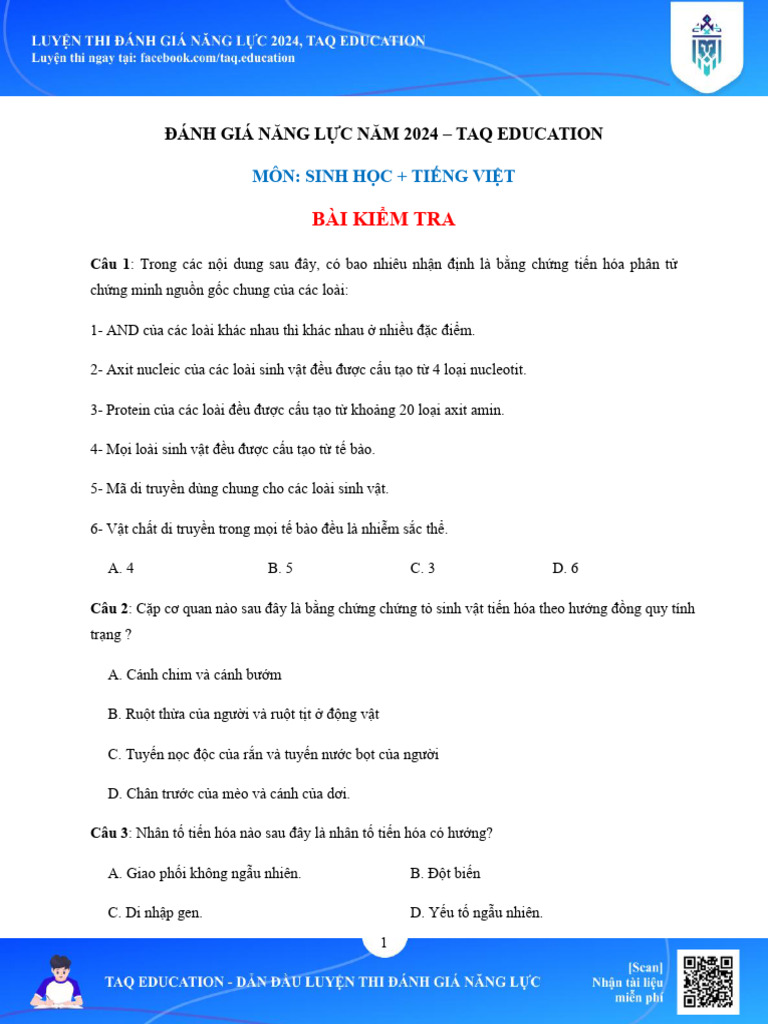 ĐỀ - KIỂM TRA CUỐI KHÓA LỚP ENTRY + FAST B1 - 10.07.2023 - TAQ EDUCATION | PDF