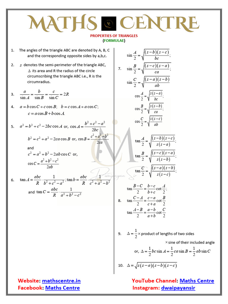 Triangle Properties and Formulas Guide | PDF | Euclidean Geometry ...
