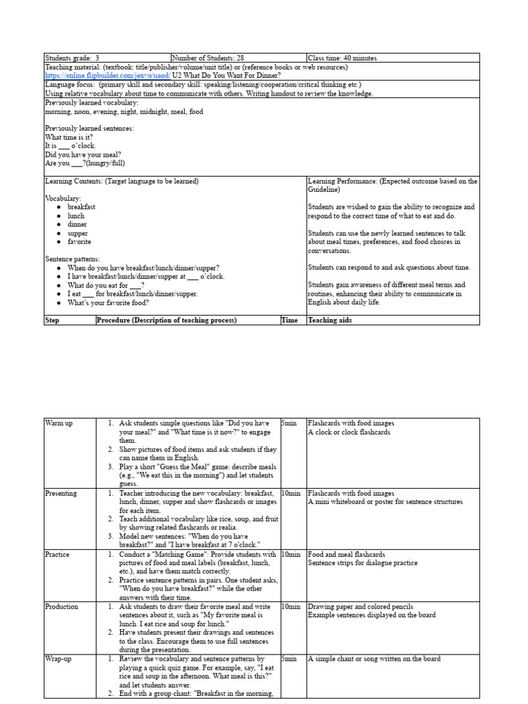 Time-Format For Lesson Plan | PDF | Meal | Lunch