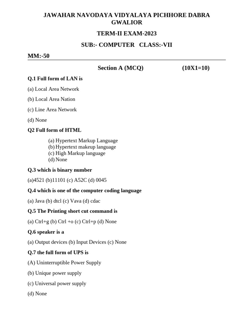 Computer QP Class Vii 2023 | PDF