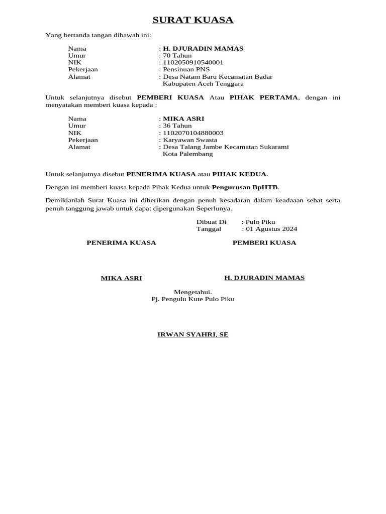 SURAT KUASA KUTE PULO PIKU | PDF