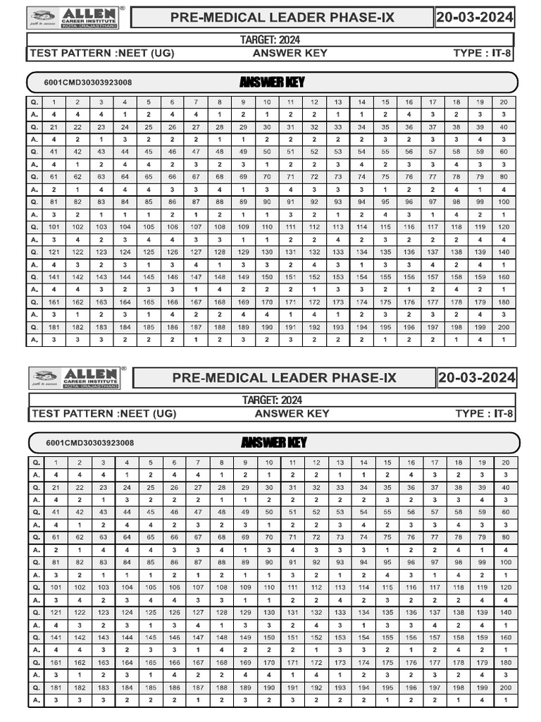Pre-Medical Leader Phase-9 Internal Test - 08 Key 20-03-2024 | PDF