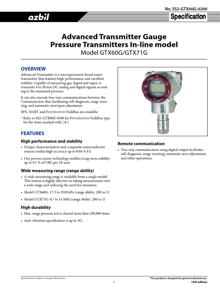 SS2-GTX00G-0200-13 - DP Typelevel Transmitter (LIT) - Azbil | PDF ...