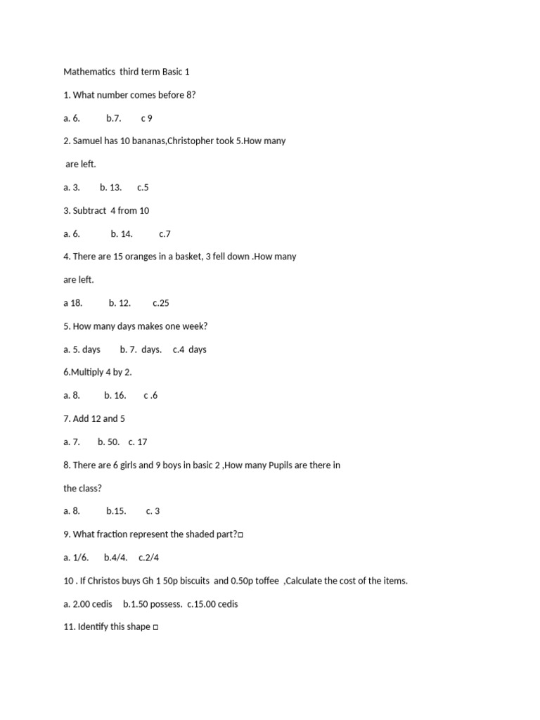 Basic 1 Mathematics Exam Questions | PDF