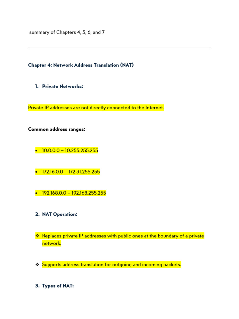 Advanced Networking Summary Chapters 4,5,6,7 | PDF | Ip Address ...