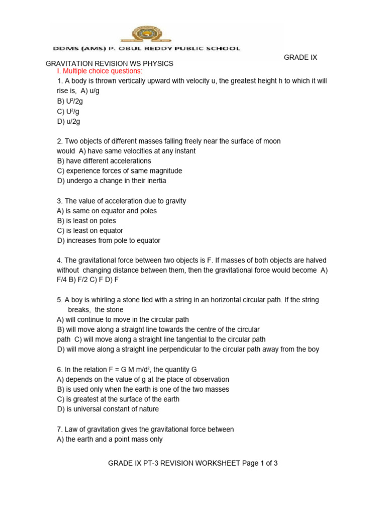 Grade IX Gravitational Concepts Quiz | PDF | Force | Weight