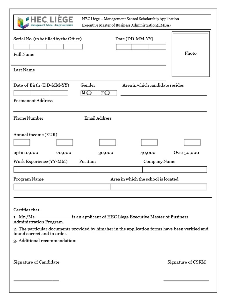 HEC Liège EMBA Scholarship Application | PDF