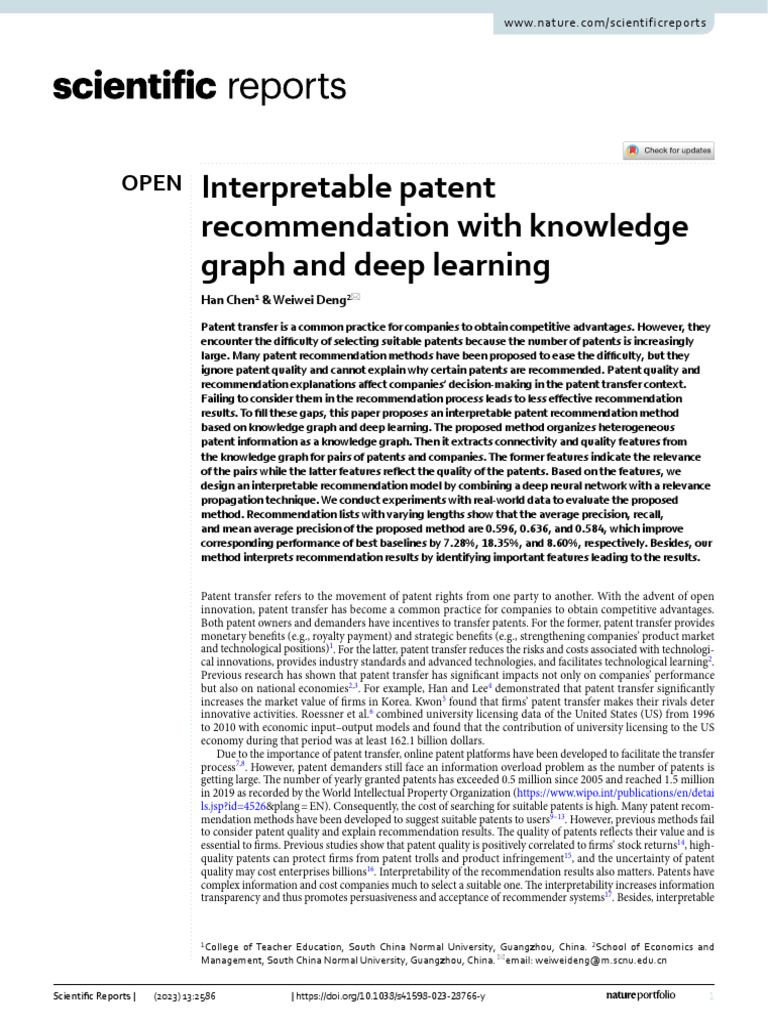 2023 SciRep Interpretable Patent Recommendation With Knowledge Graph and Deep Learning | PDF ...
