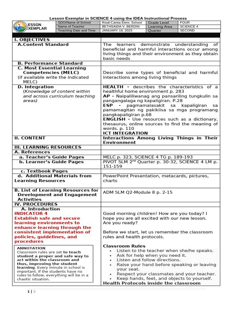 Lesson Exemplar Science Q2 Week 6 Interactions Among Living Things in Their Environment | PDF ...