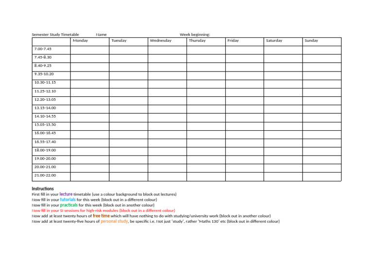Semester Study Timetable (003) | PDF