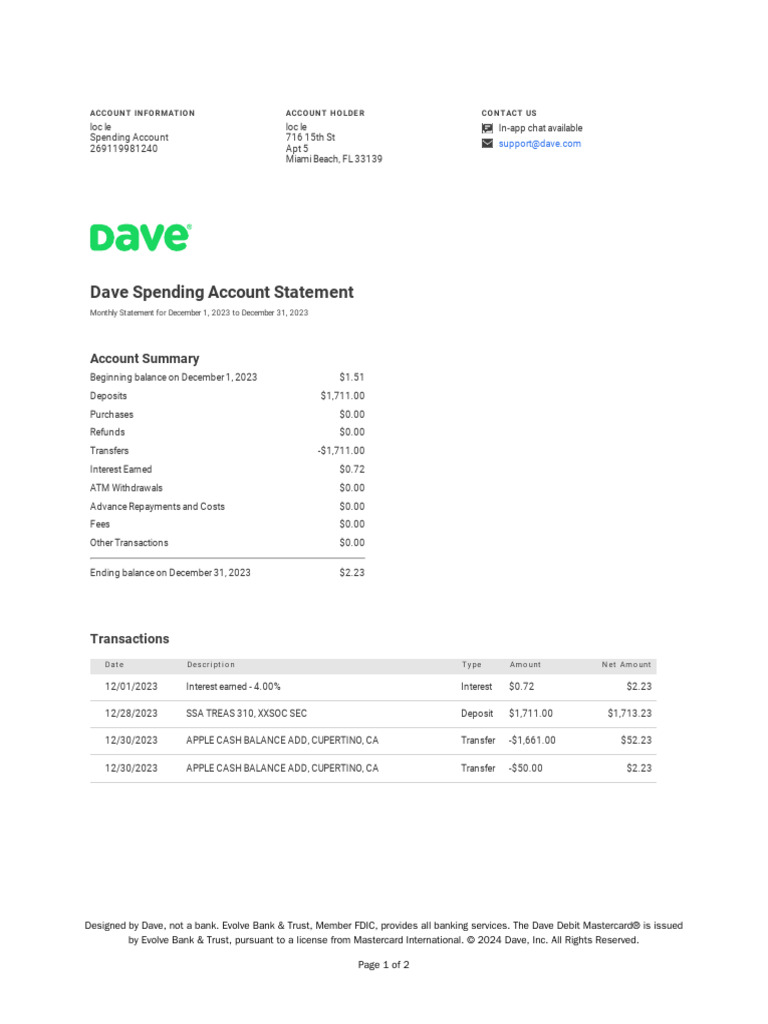 Dave Banking Statement For December 2023 | PDF | Banks | Debit Card
