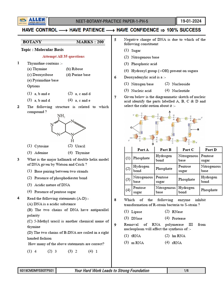 NEET-Leader-Practice Test-1_Botany_20-01-24_PH-5 | PDF | Dna | Rna