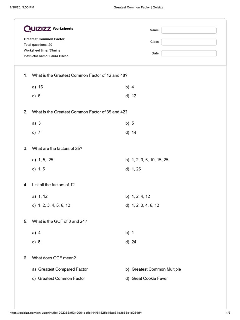 Quizizz - Greatest Common Factor | PDF | Multiplication | Elementary ...