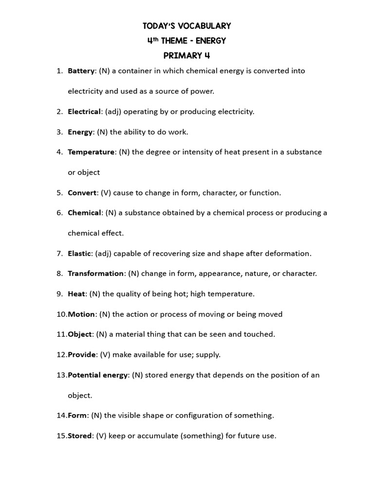 Energy Vocabulary for Primary 4 | PDF