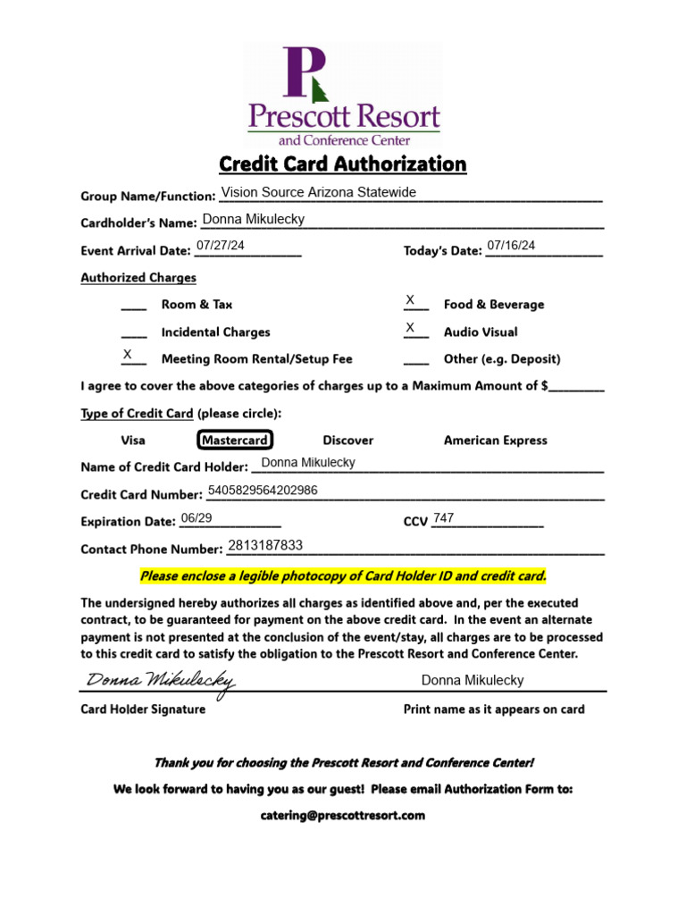 Credit Card Authorization for Extended Stay | PDF | Credit Card | Credit