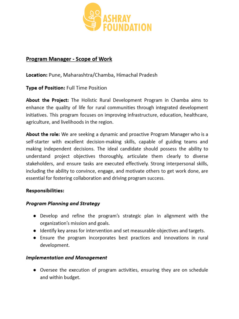 Scope of Work - Program Manager | PDF | Evaluation | Performance Appraisal