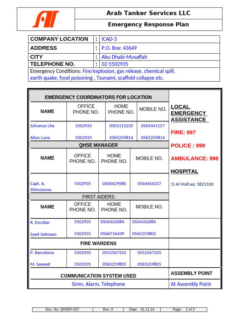 Arab Tanker Services Emergency Plan | PDF | Emergency | First Aid