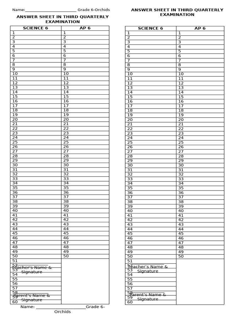 Answer Sheet Q3 G5 | PDF