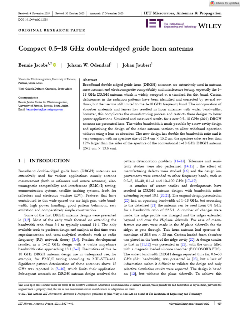 IET Microwaves Antenna Prop - 2021 - Jacobs - Compact 0 5 18 GHz double‐ridged guide horn ...