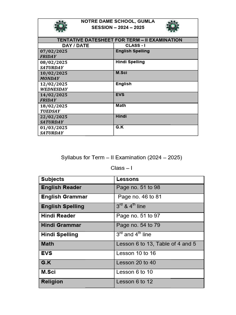 Syllabus and Time Time Table For Term - II (Class - I) | PDF