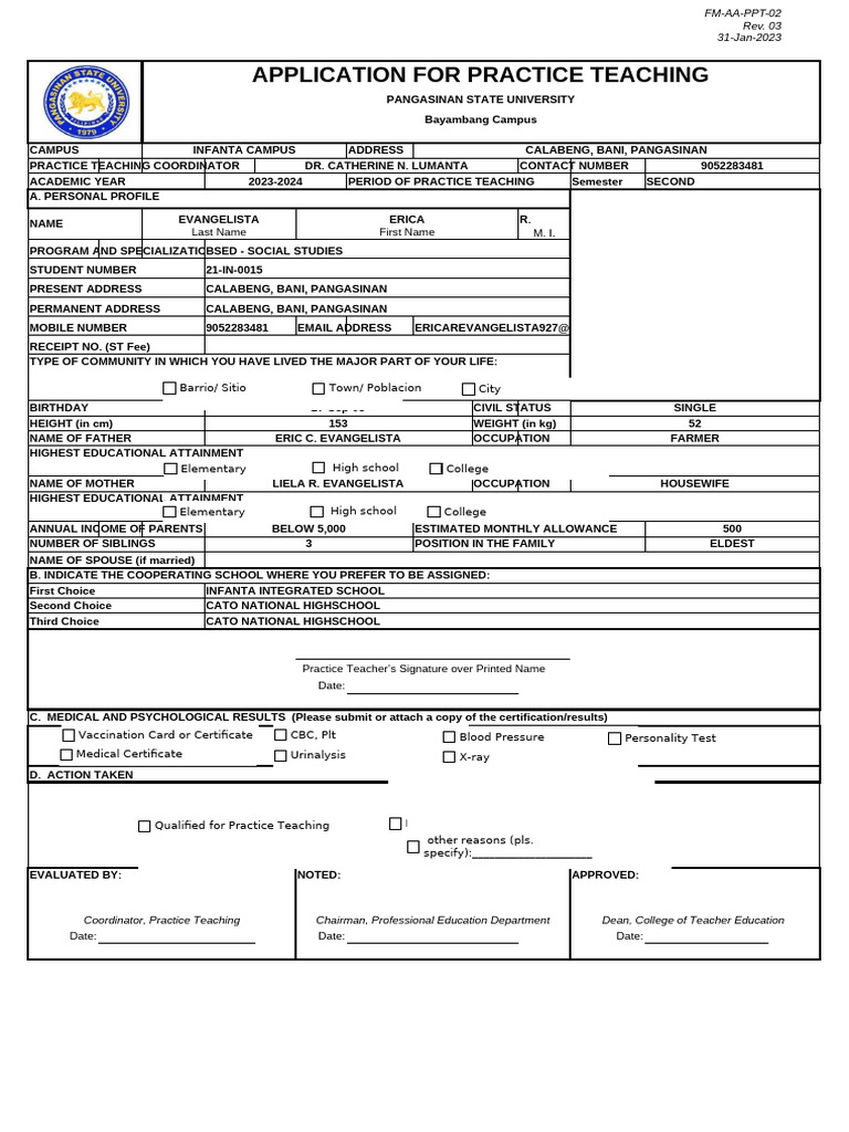 Practice Teaching Application Form | PDF