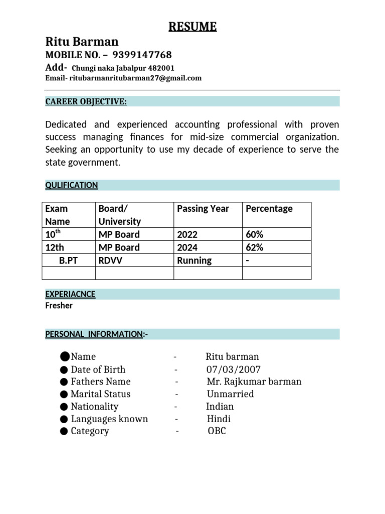Ritu Barman's Resume Summary | PDF