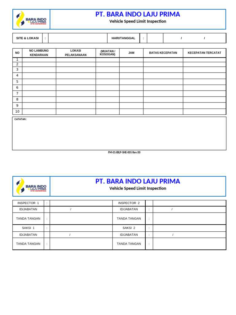 FM-01-BILP-SHE-005-Form Vehicle Speed Limit Inspection | PDF