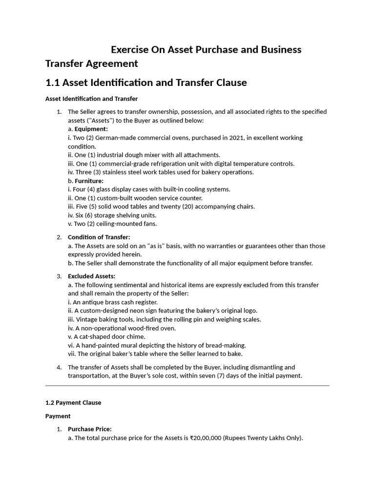Exercise On Asset Purchase and Business Transfer Agreement in ACD BY ...