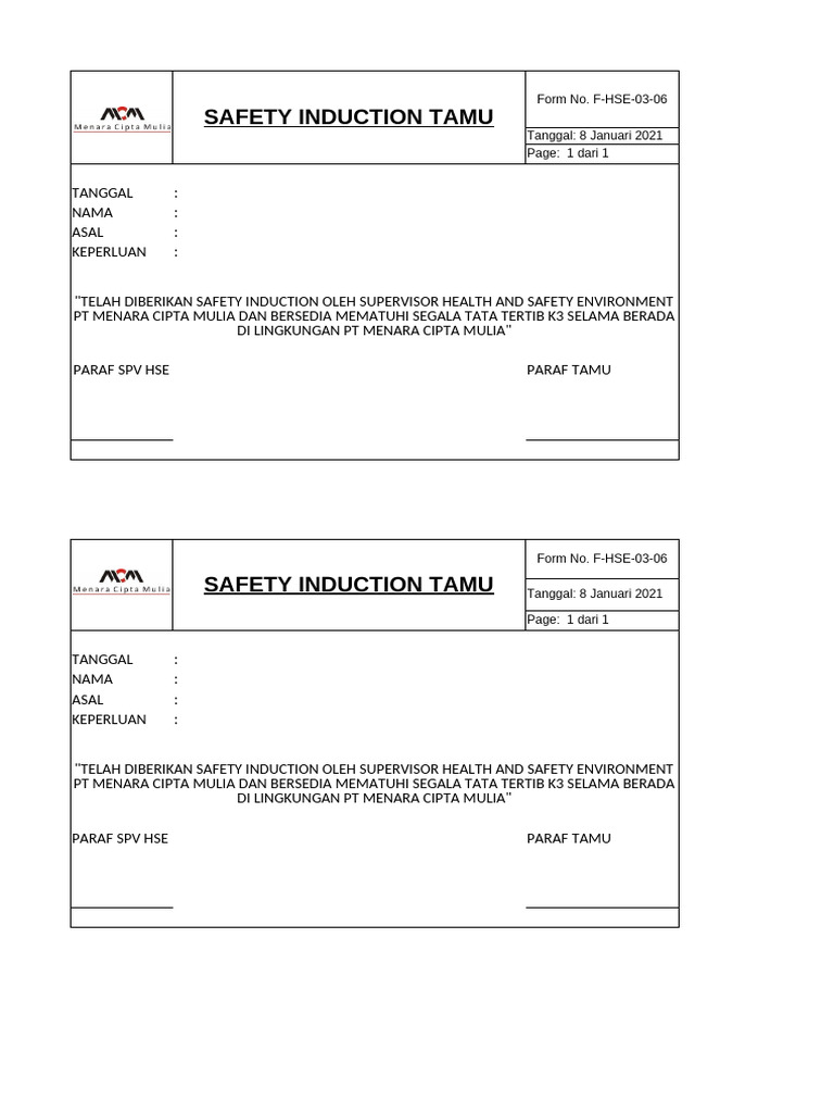 FORM SAFETY INDUCTION | PDF