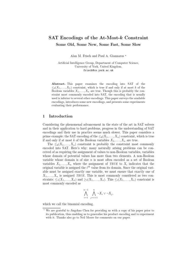 Alan M. Frisch and Paul A. Giannoros. SAT Encodings of The At-Most-k Constraint - ModRef 2010 ...