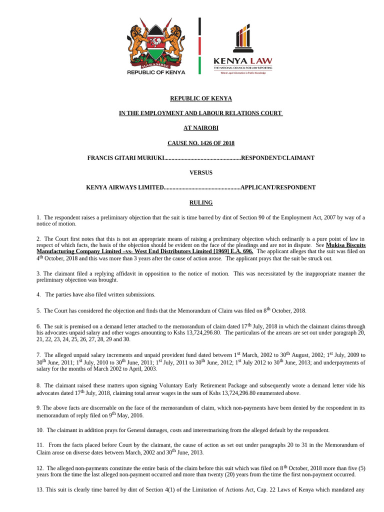 Francis Gitari Muriuki V Kenya Airways Limited 2021KEELRC250 (KLR ...